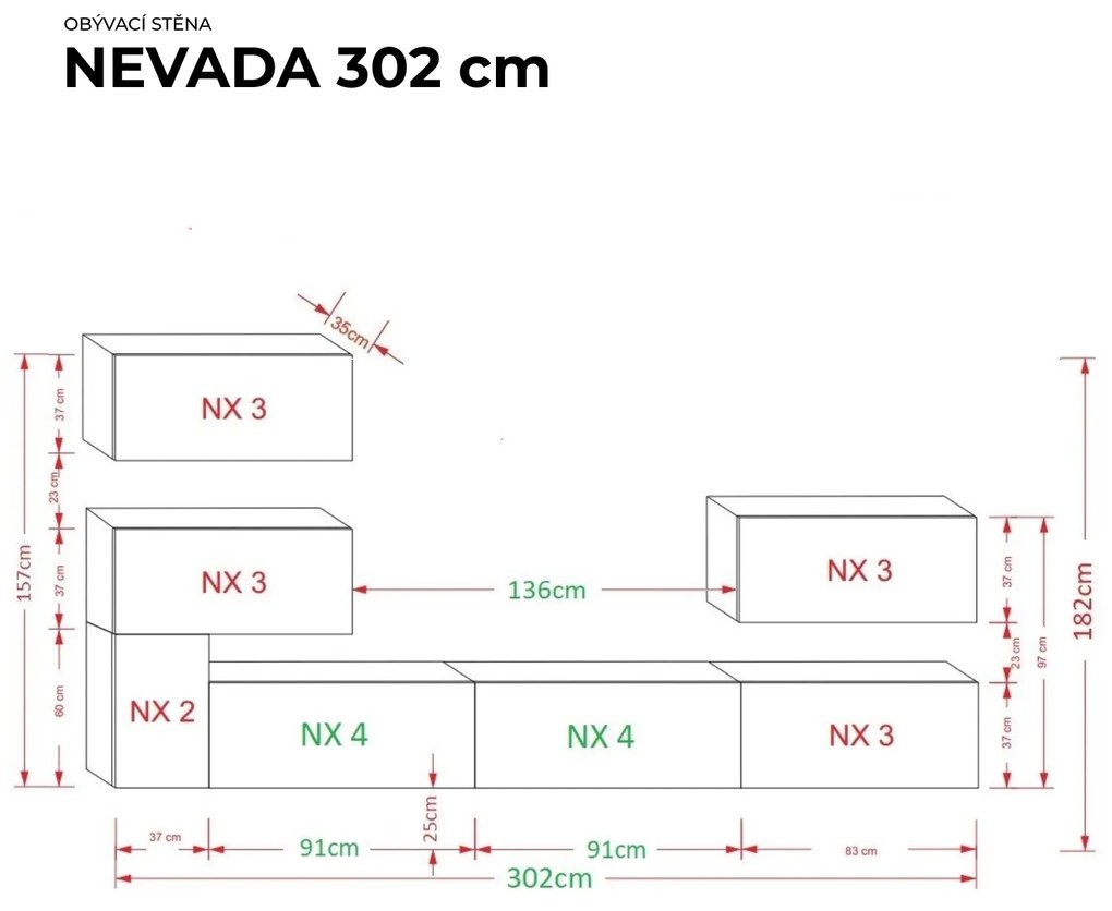 Ral Obývací stěna NEVADA 7, 302 cm - Bílo/černý lesk