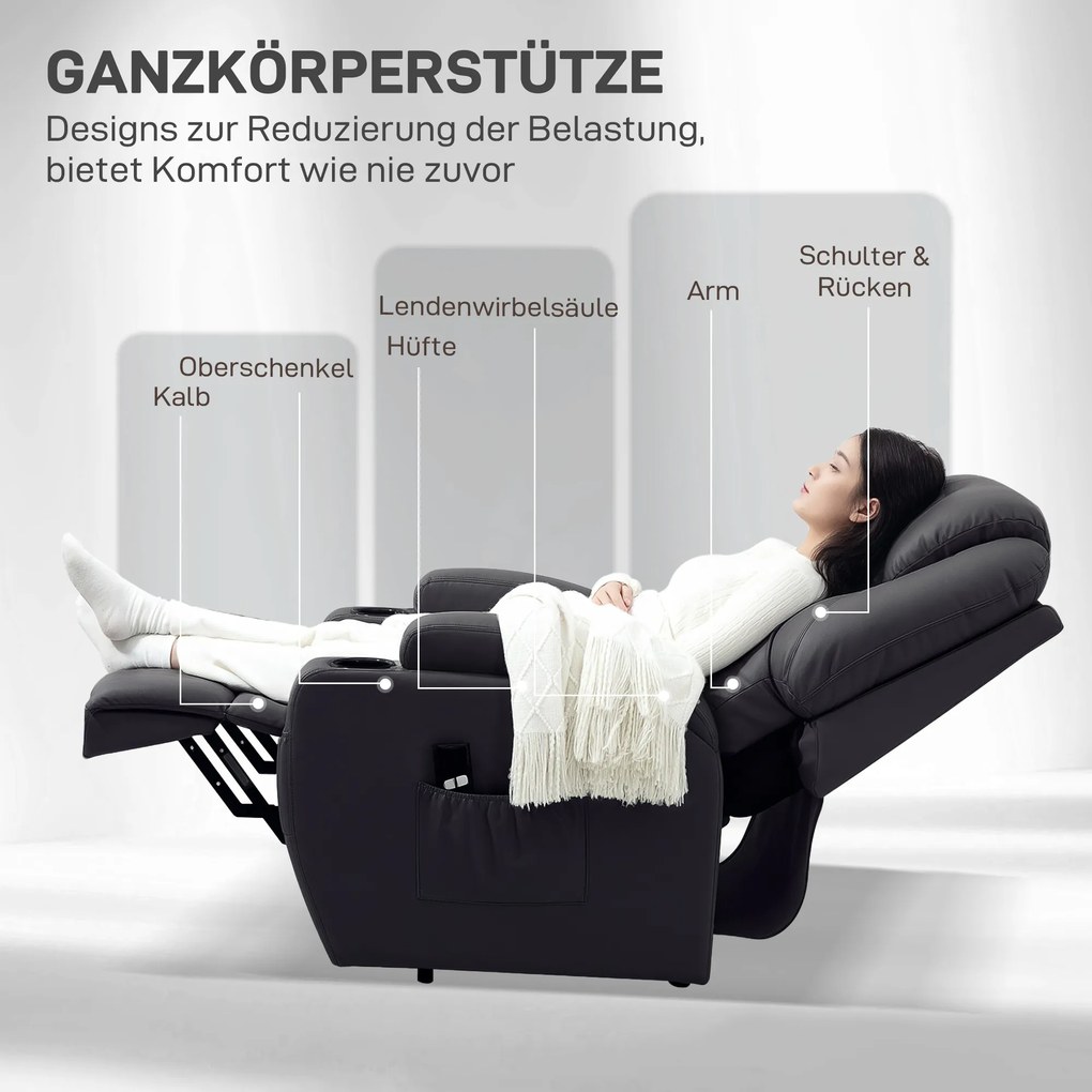 HOMCOM polohovatelné křeslo, TV křeslo s podporou stání, s úložnou taškou, nastavitelný úhel, dálkové ovládání, 84 x 92 x 109 cm, černá| Aosom