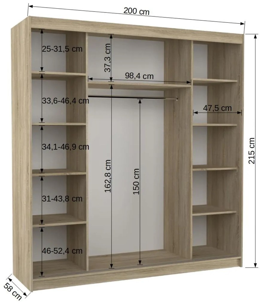 Šatní skříň s posuvnými dveřmi Balance - 200 cm Barva: Bílá/dub Sonoma