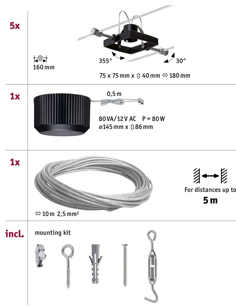 Paulmann 94290 Mac2, lankový systém, 5x max 10W LED 12V, černá, 500cm