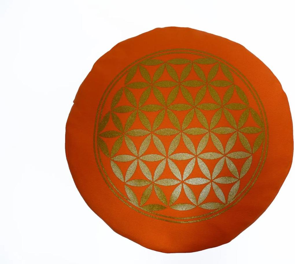 S radostí - vlastní výroba Meditační polštář se zlatým Květem života - oranžový Velikost: ∅30 x v18 cm