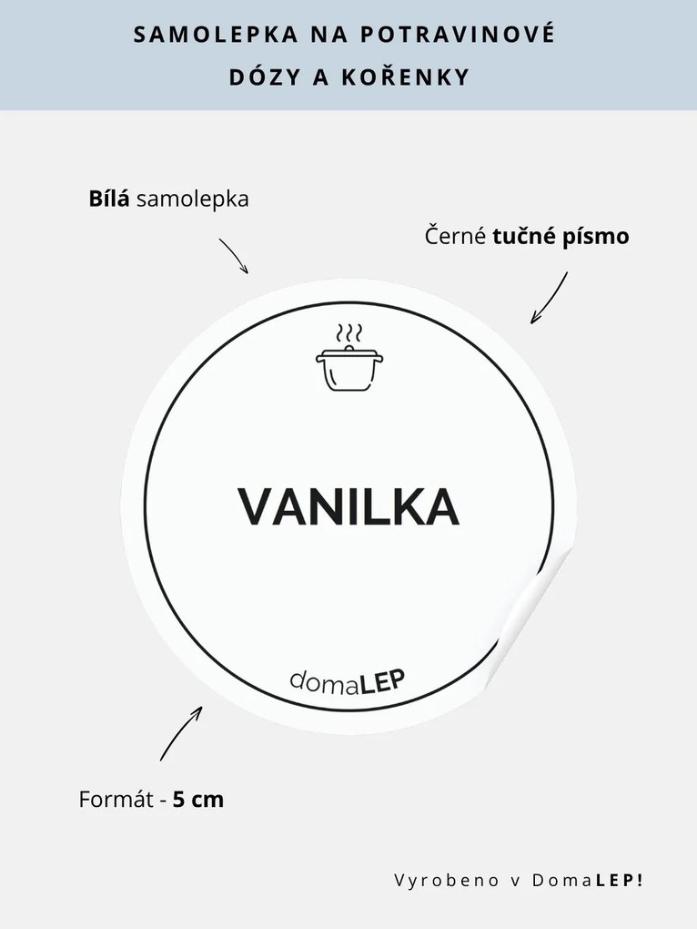 Samolepka na kořenky VANILKA bílá 5 cm tučné písmo