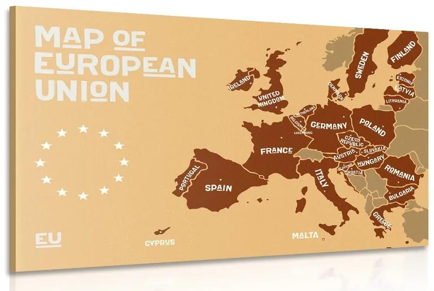 Obraz naučná mapa s názvy zemí evropské unie v odstínech hnědé - 120x80 cm