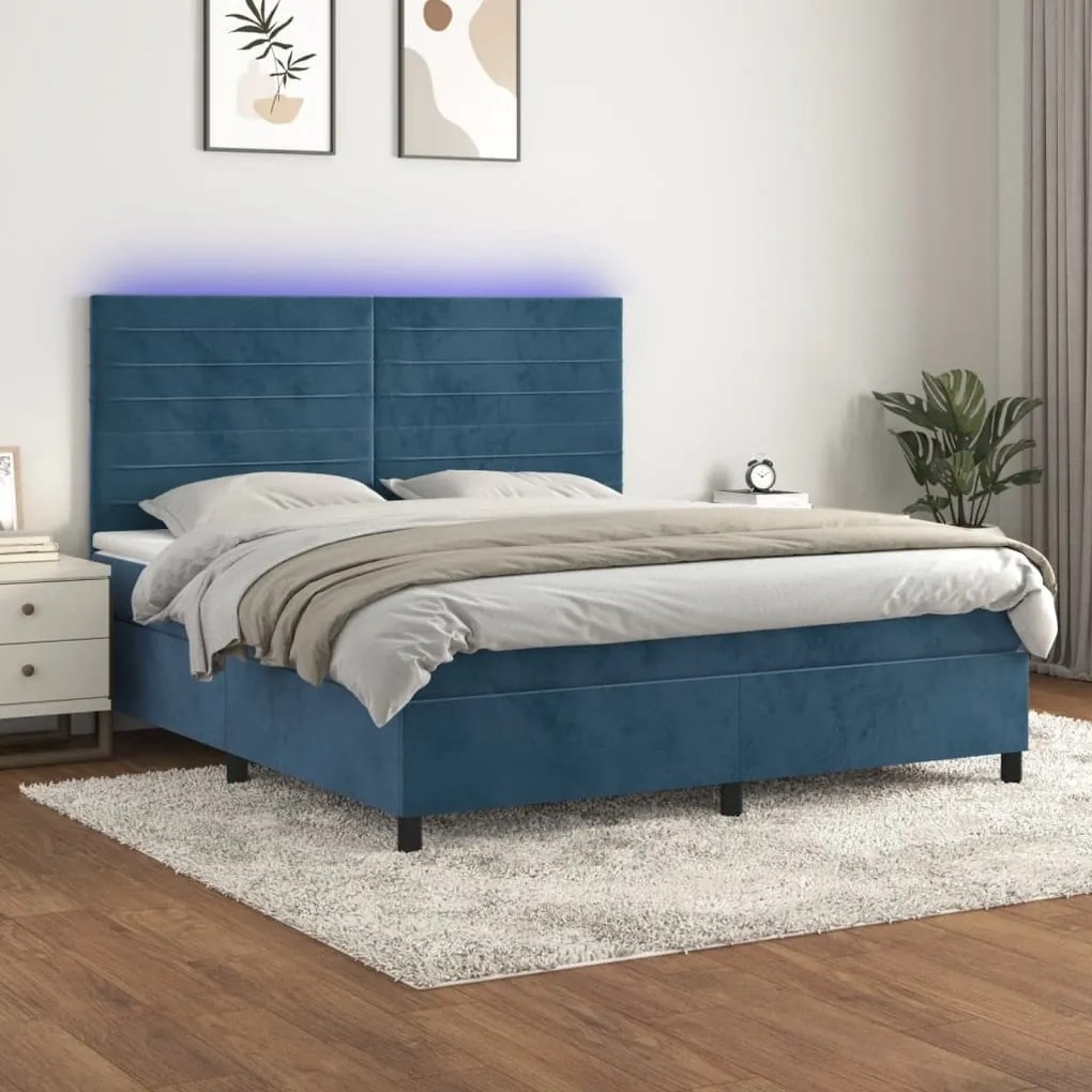 Box spring postel s matrací a LED tmavě modrá 160x200 cm samet 3136195