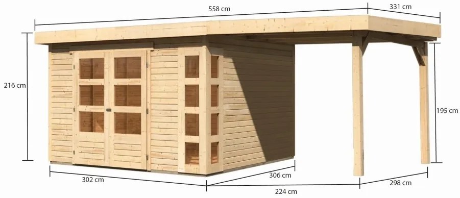 Dřevěný zahradní domek KERKO 6 s přístavkem 240 Lanitplast Přírodní dřevo