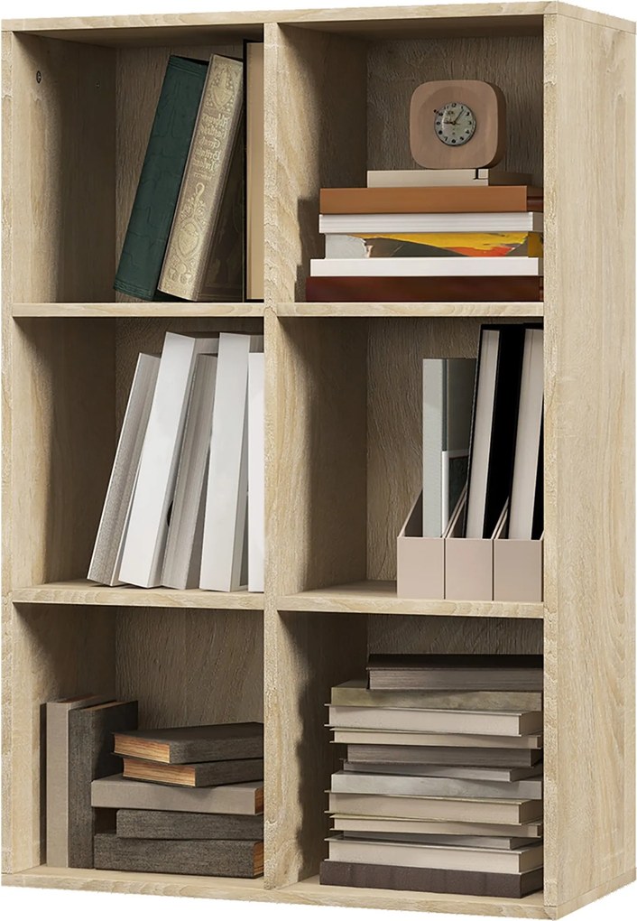 HOMCOM Knihařský regál se 3 policemi a 6 úložnými boxy do obývacího pokoje, ložnice, kanceláře 65,5x30x97,5 cm Dub | Aosom