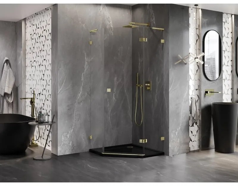 Mexen Lunar, L pravý výklopný pětiúhelníkový sprchový kout 80 x 80 cm, 8mm čiré sklo, zlatý profil, 831L-080P-080L-50-00-P