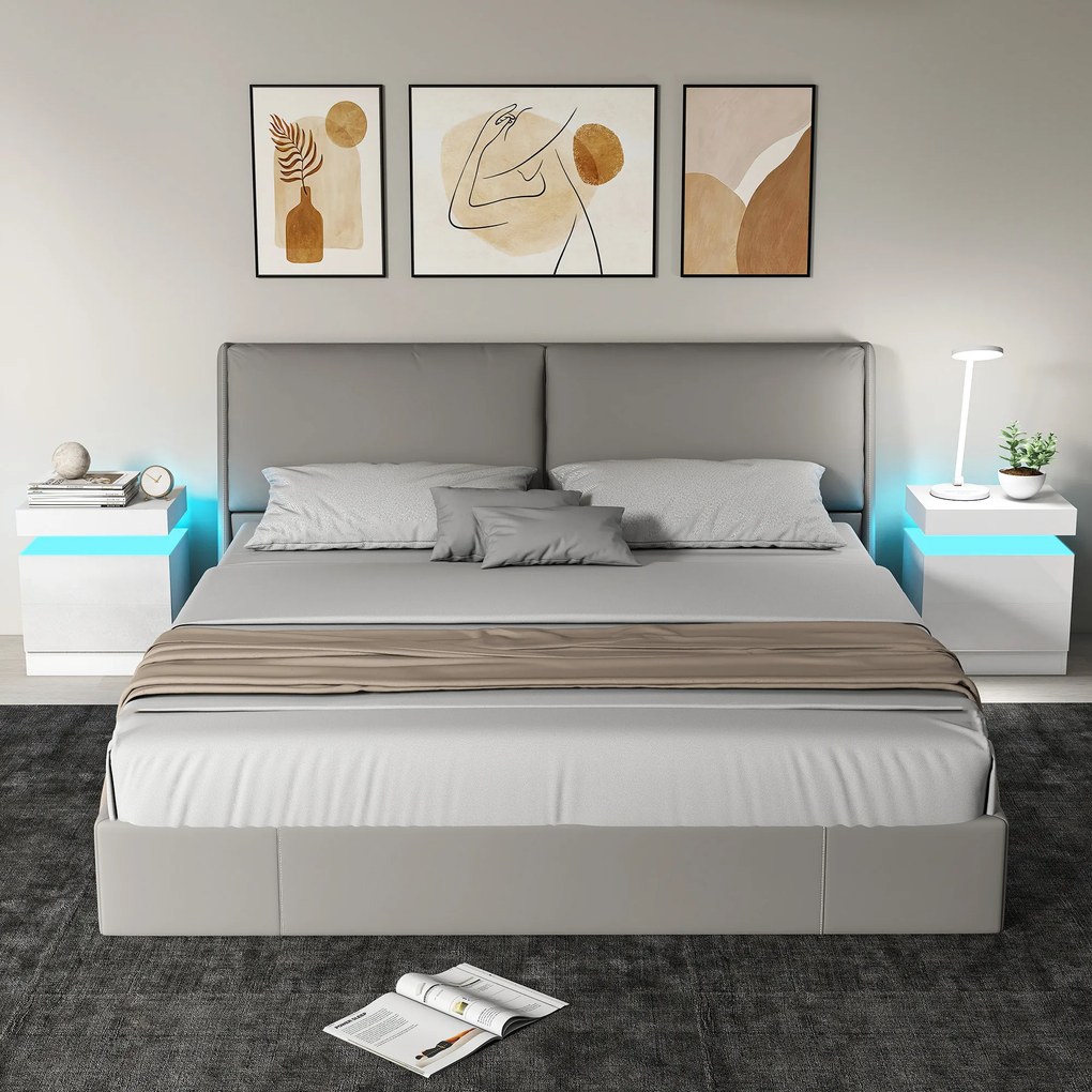 HOMCOM sada 2 LED nočních stolků s 16 barvami a 4 režimy, se 2 šuplíky, z dřeva, 45x35x52 cm, vysokolesklá bílá