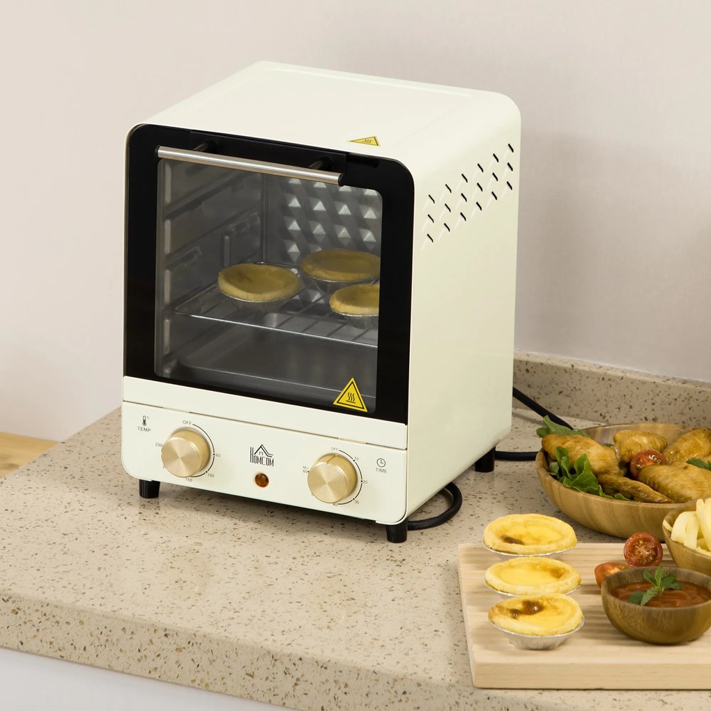 HOMCOM Mini trouba 15 l objem, výškově nastavitelný plech a rošt, 1000 W, krémově bílá