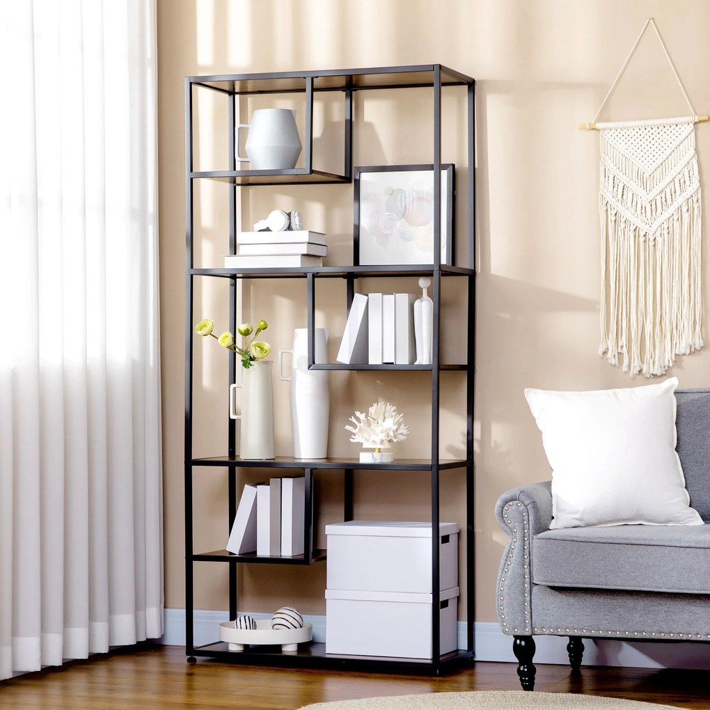 HOMCOM Knihovna v industriálním stylu s 7 policemi - ocelový rám pro obývací pokoj, ložnici a kuchyni - 83 x 34 x 180 cm