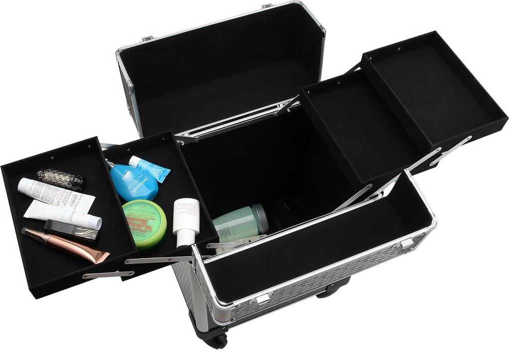 HOMCOM Kosmetický Vozík na Make-up s Telescopickým Držadlem - Nastavitelný, 34L x 24W x 52H cm, Hliník Černý