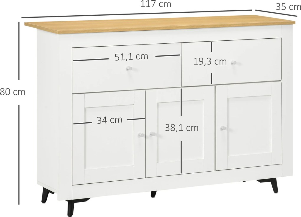 HOMCOM Kuchyňský bufet - Pomocný nábytek do kuchyně a TV stolek se 2 šuplíky, 3 dveřmi a nastavitelnou policí pro jídelnu a obývací pokoj 117x35x80 c…