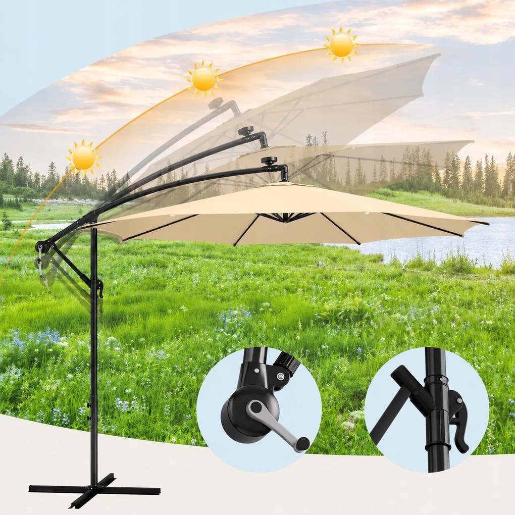 Zahradní LED slunečník s bočním ramenem 300 cm tmavě béžový