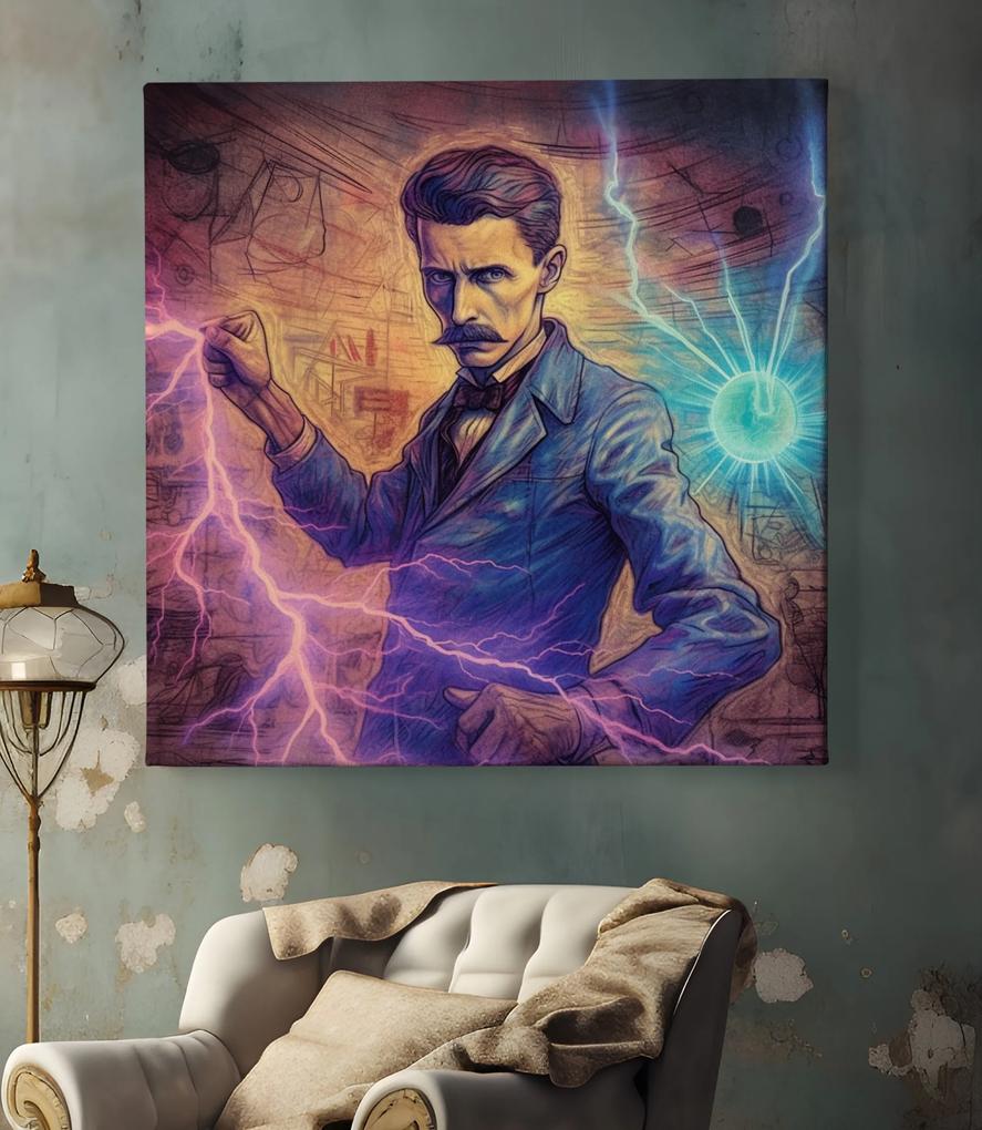 Obraz na plátně - Nikola Tesla pán blesků FeelHappy.cz Velikost obrazu: 100 x 100 cm