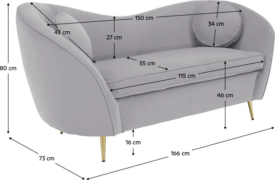 Designový 2-sed, šedá Velvet látka/gold chrom zlatá, EZIO TYP 2