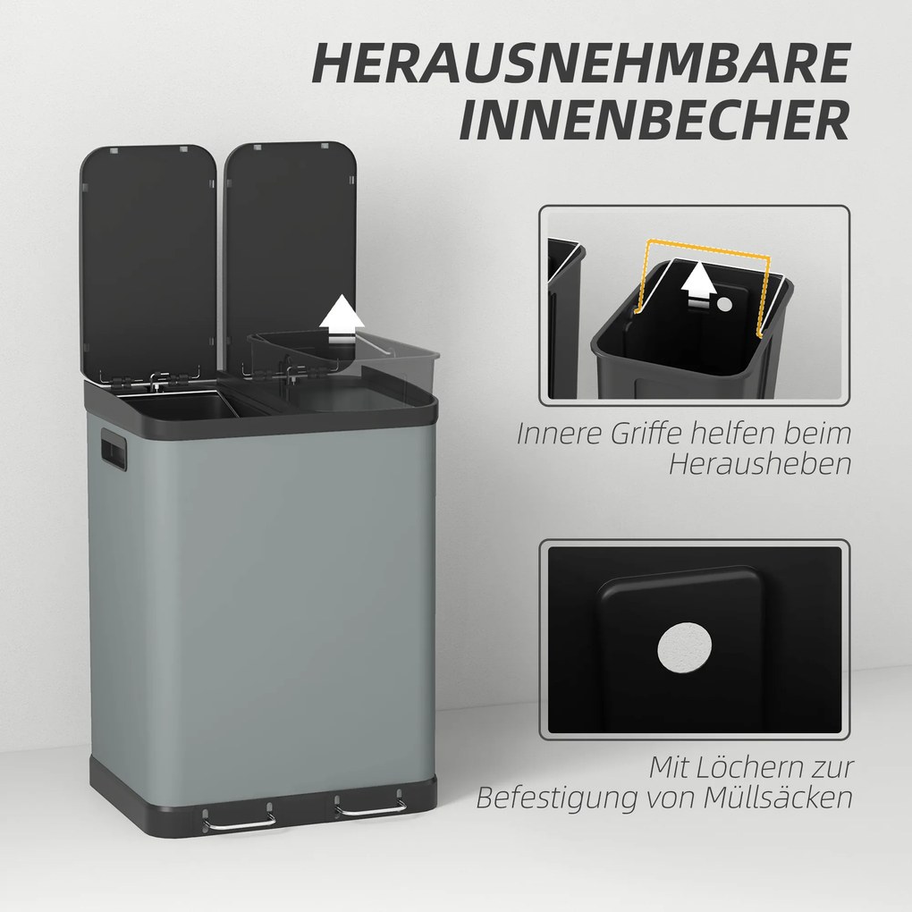 HOMCOM odpadkový koš 2x30L pedálový koš na kosmetiku s víkem a nožním pedálem, kovový odpadkový koš s vnitřním košem do obývacího pokoje a kanceláře,…