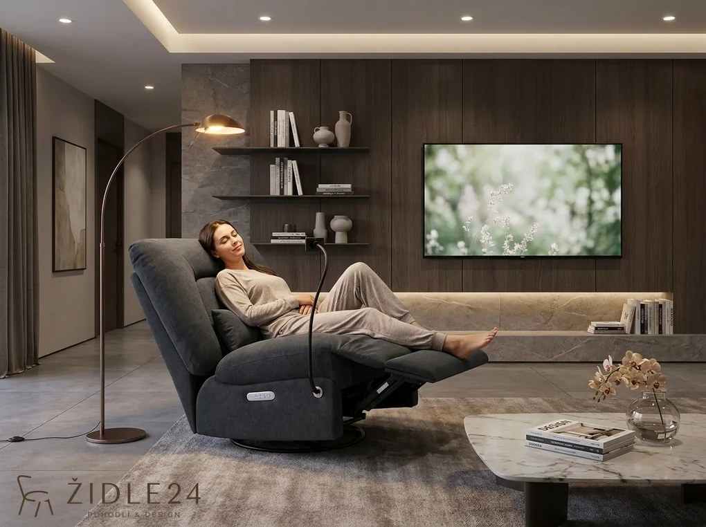 Elektrické polohovací TV křeslo MAJESTIC - šedá látka