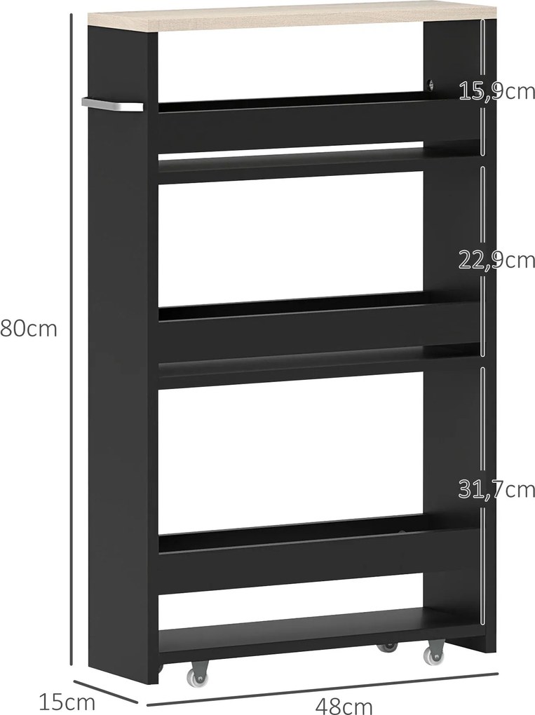 Kleankin 3-vrstvý úložný vozík na kolečkách pro užší kuchyň, koupelnu, prádelnu a kancelář s rukojetí - 48 x 15 x 80 cm Černý