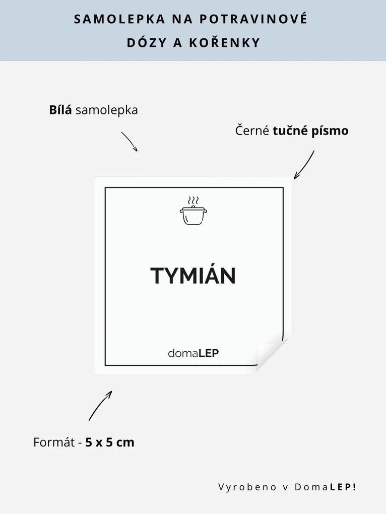 Samolepka na kořenky TYMIÁN bílá 5 × 5 cm tučné písmo