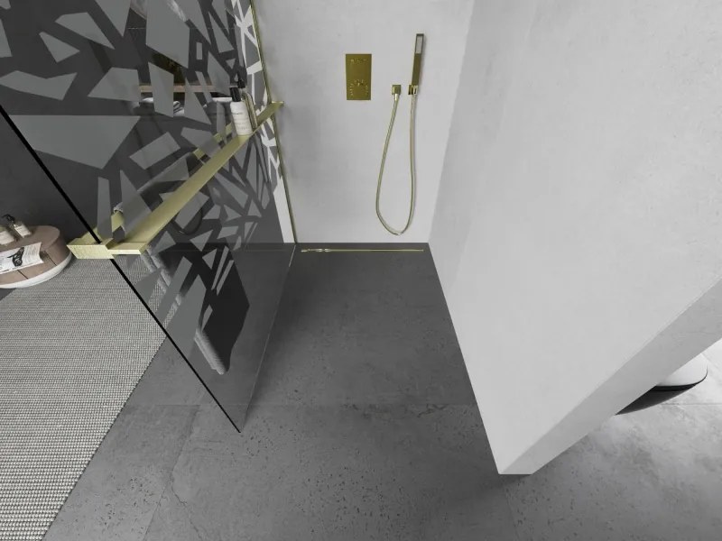 Mexen Kioto+, sprchová zástěna Walk-In s poličkou a věšákem 110 x 200 cm, 8mm čiré sklo bílý vzor, ​​zlatý matný profil, 800-110-121-55-85