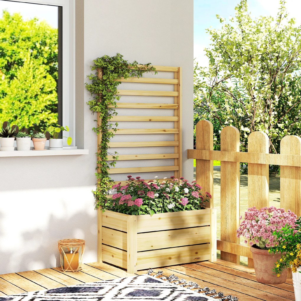 Vyvýšený truhlík Outsunny s mříží — přírodní smrkové dřevo, odtokový otvor, netkaná vložka, 60 x 39 x 120 cm