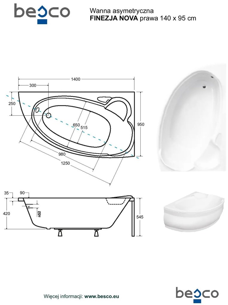 BESCO Asymetrická vana FINEZJA NOVA Nožičky k vaně - S nožičkami, Rozměr vany - 140 × 95 cm, Způsob provedení - Levé - VANFINN140L+OLVPINOZ