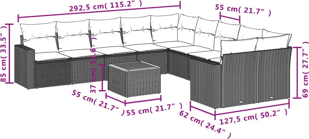 11dílná zahradní sedací souprava s poduškami černá polyratan 3224312