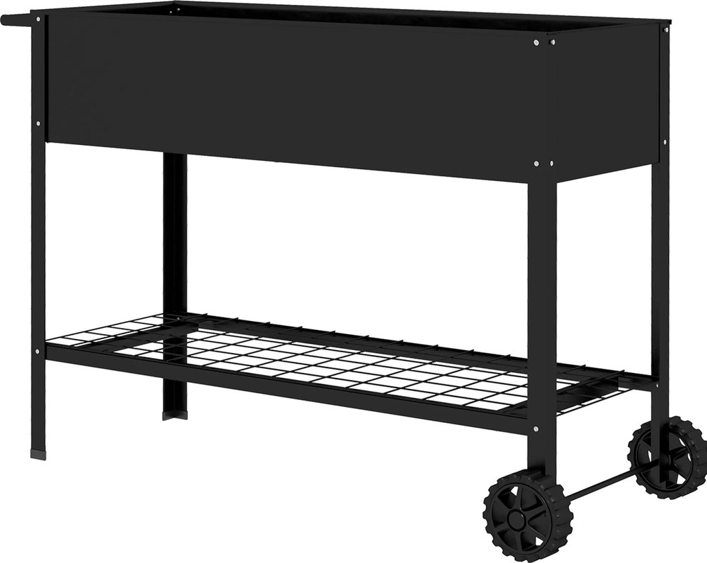 Metalová pěstební miska Outsunny se stojanem a policí 104L x 39Š x 80V cm 2 kola + zavlažovací vložka Černá