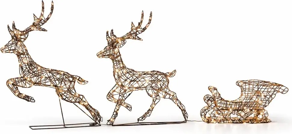 3D LED svítící jeleni a sáně, 180 × 86 × 18 cm, teple bílá, 380 LED, drát, hnědá, IP44