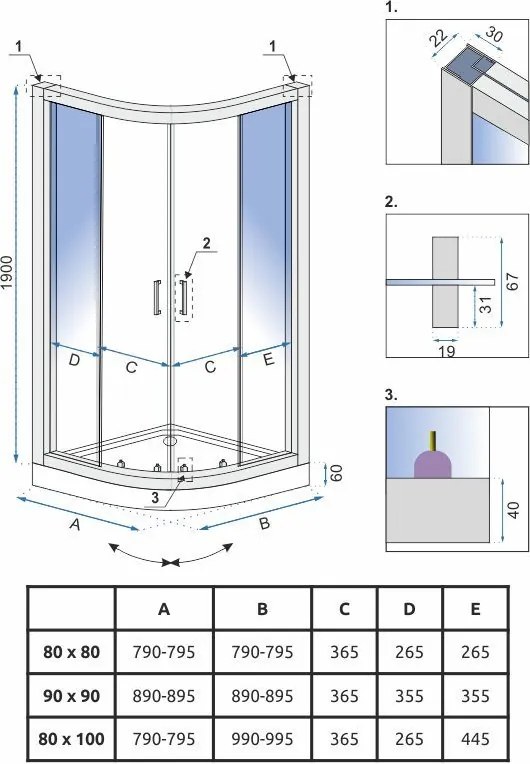 Rea Look, čtvrtkruhová sprchová kabina 100x80x190 cm, levá verze + bílá sprchová vanička, REA-K7900