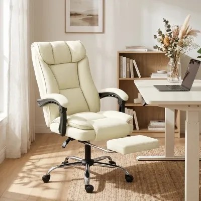 HOMCOM Ergonomická kancelářská židle s opěrkou nohou, potažená umělou kůží, na kolečkách, otočná, kov, béžová+černá