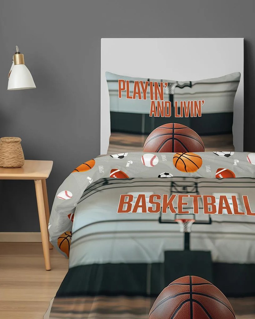 Detexpol Dětská bavlněná sada ložního prádla 140x200 šedá s motivem basketbalového míče - 5866 A - Dream Collection