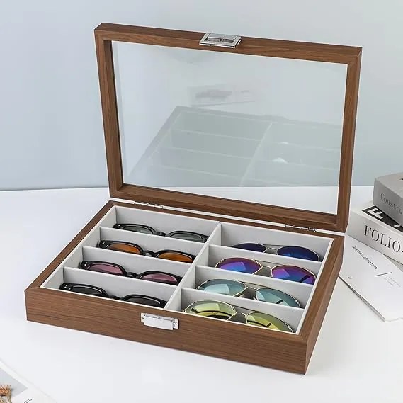 eCarla Organizér na brýle, box s víkem k uložení 8 brýlí, imitace dřeva