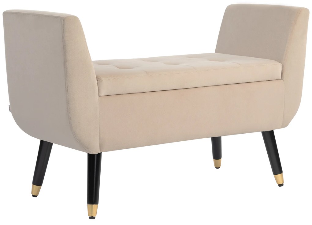 HOMCOM Luxusní sedací lavice Čalouněná lavice s úložným prostorem Područky Truhlicová lavice Sametový polyester kaučukovník Béžová 107 x 42 x 65 cm
