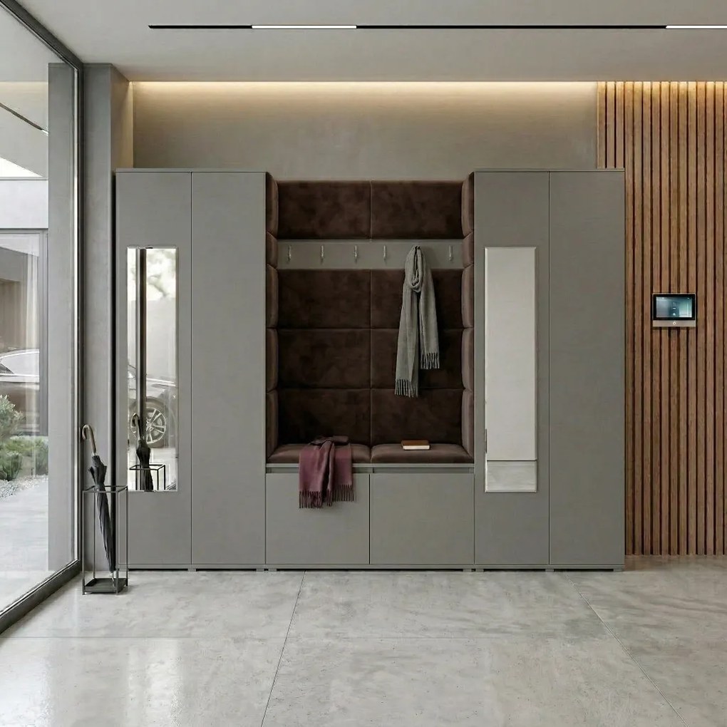 Předsíňová stěna Trinity 10 s čalouněnými panely, 280 cm, grafit/ tmavě hnědá