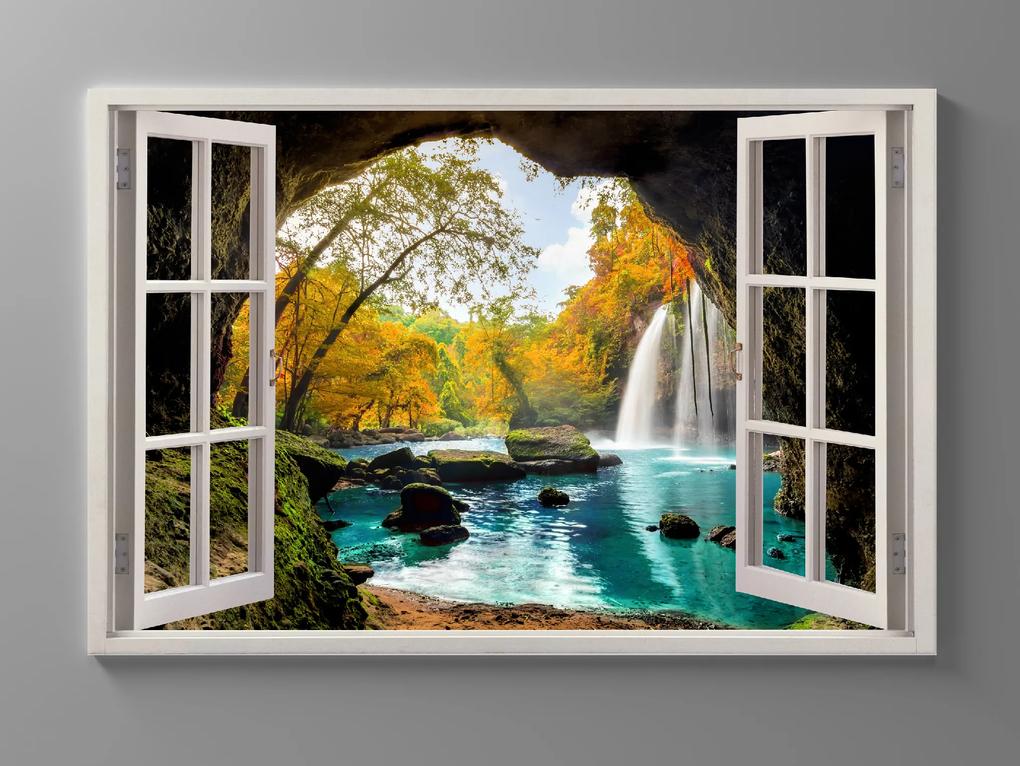 Liox Obraz okno pohled na vodopád Rozměr: 120 x 80 cm