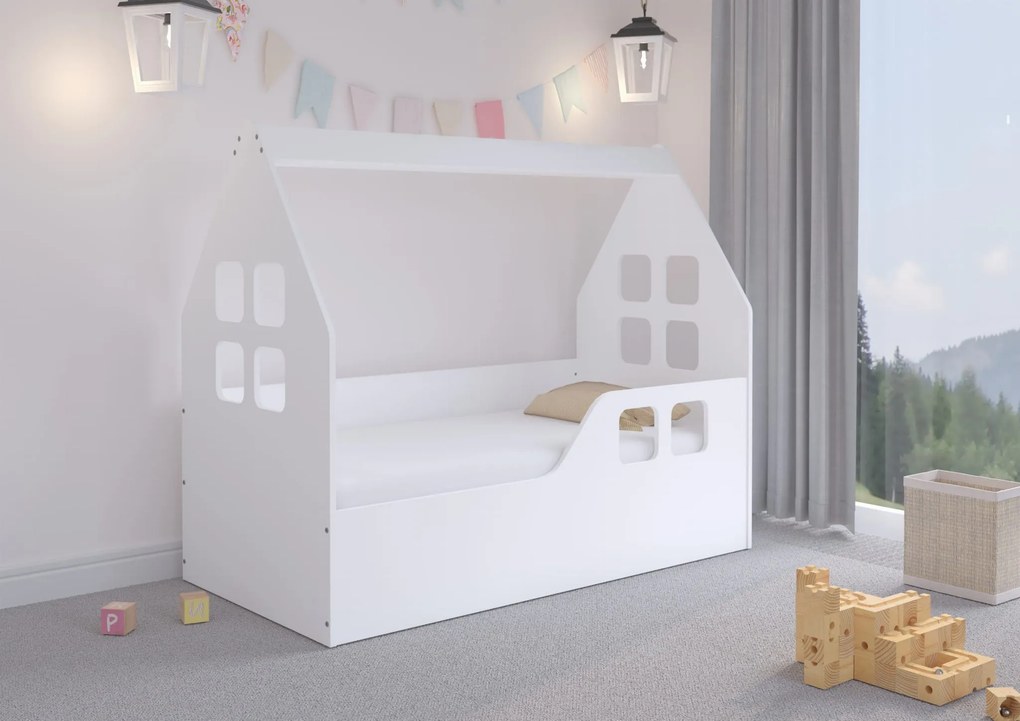 Dětská domečková postel KIDHOUSE - bílá - pravá - 140x70 cm + matrace