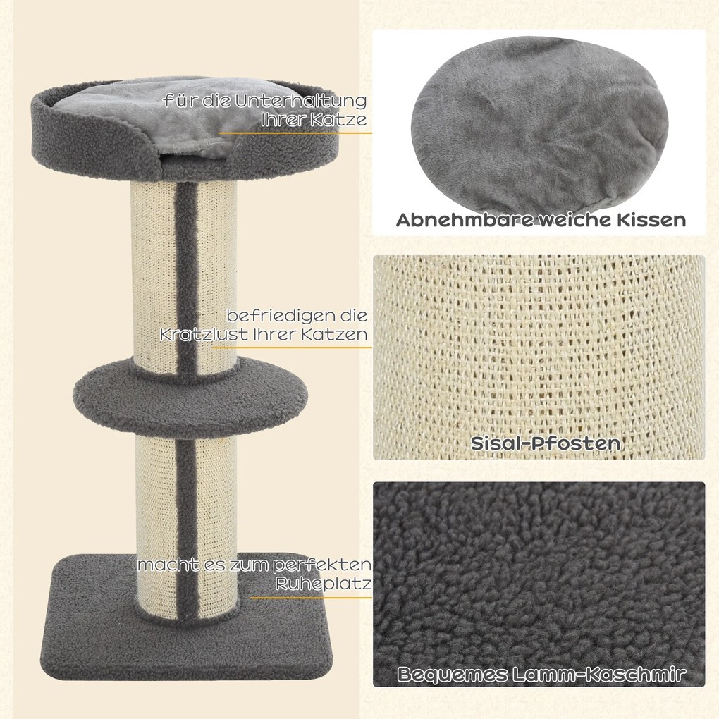 Škrabadlo PawHut pro kočky, stabilní škrabadlo s plošinou, sisal, nosnost 30 kg, šedé, pro aktivní hru a odpočinek
