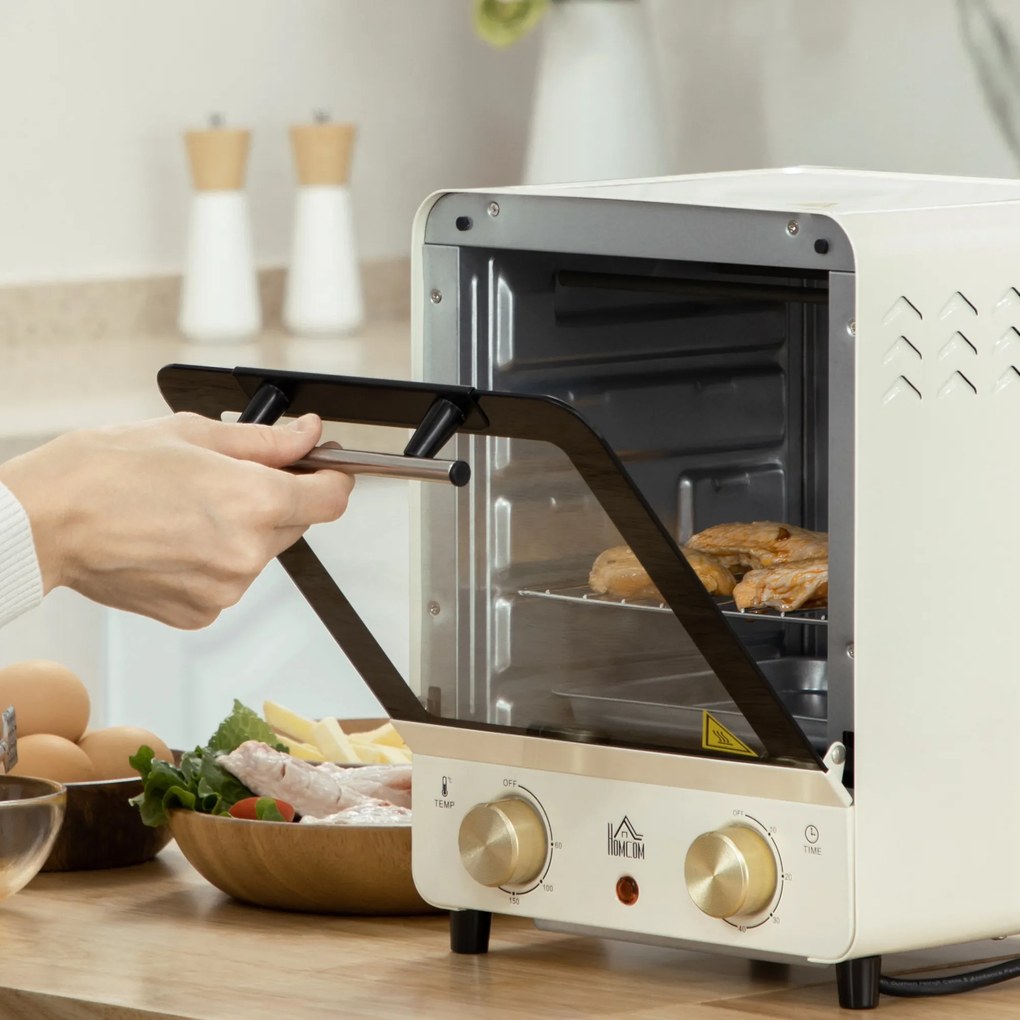 HOMCOM Mini trouba 15 l objem, výškově nastavitelný plech a rošt, 1000 W, krémově bílá