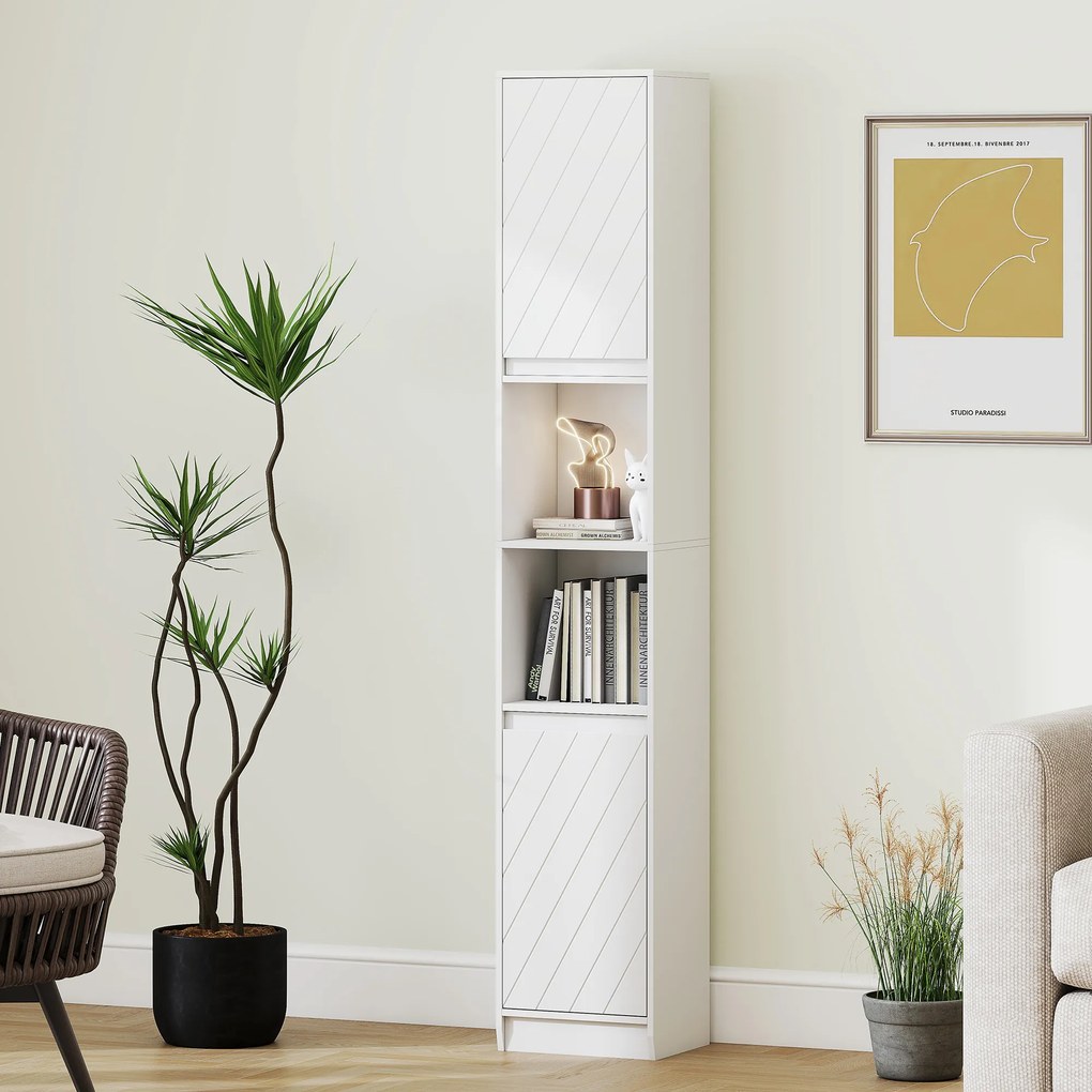 HOMCOM vysoká skříňka do koupelny, úložný nábytek se 2 dveřmi, 2 otevřenými přihrádkami, 30 x 24 x 170 cm, bílá