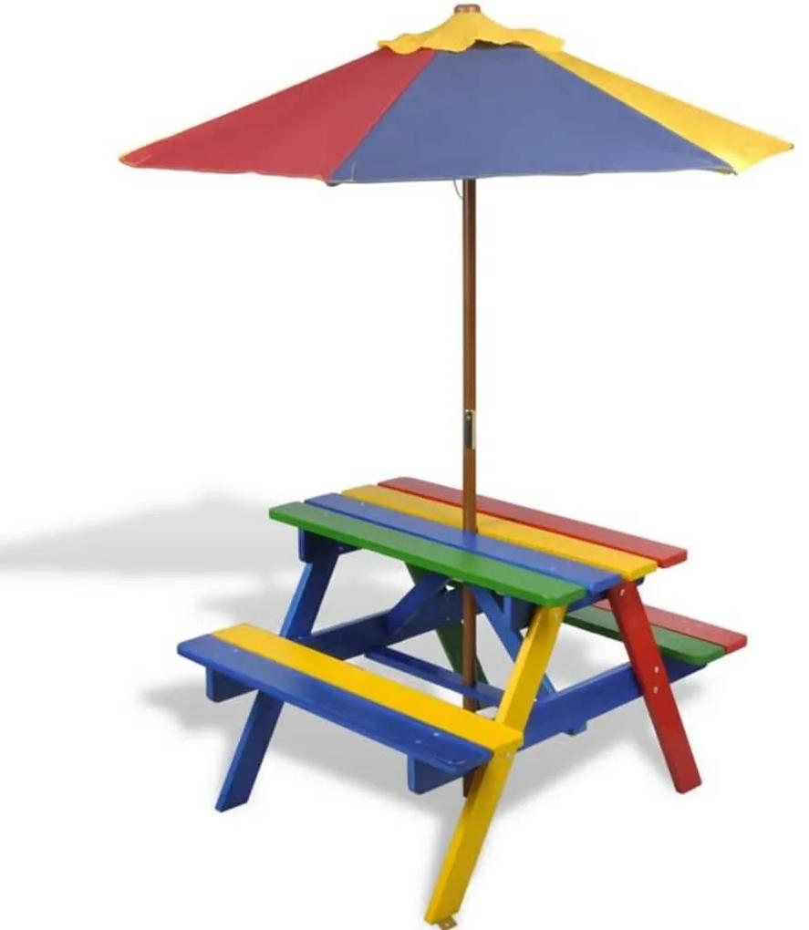 Dětský piknikový stůl, lavičky a slunečník vícebarevný dřevo