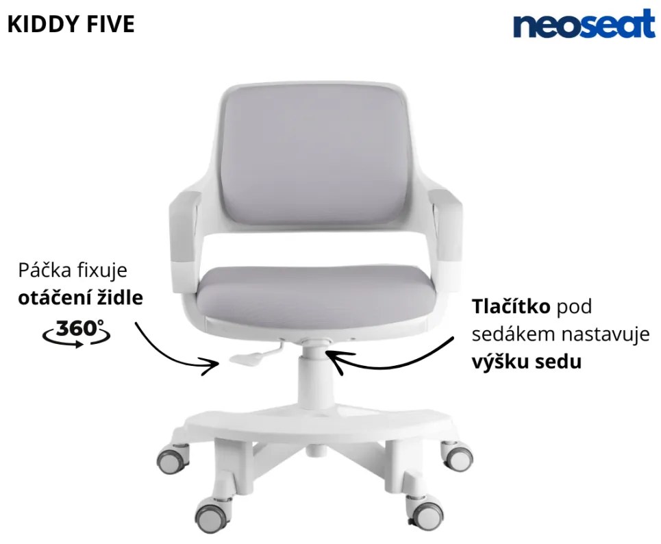 Dětská rostoucí židle Neoseat KIDDY FIVE — látka, pratelný potah, šedá