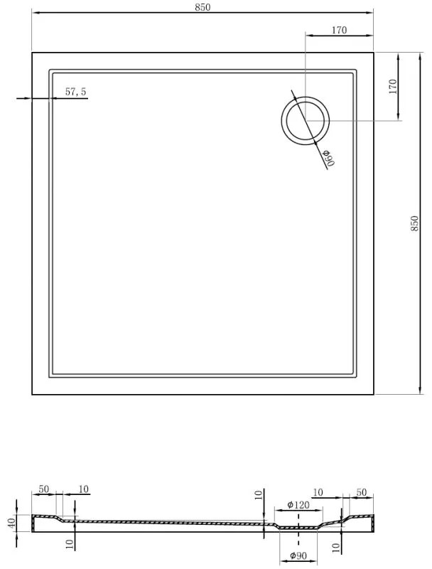 Mexen Flow Slim, čtvercová sprchová vanička 85 x 85 cm, černá matná, 46S708585