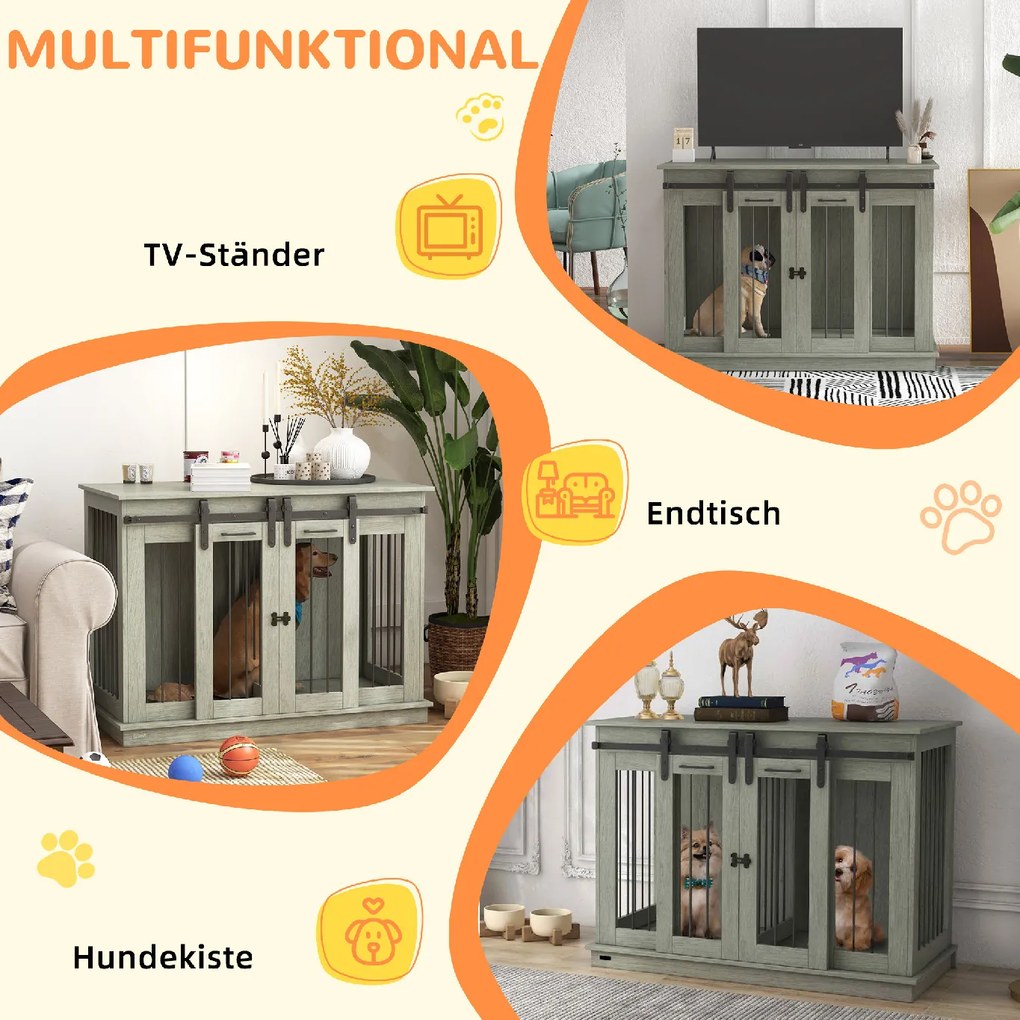 PawHut Psí Obojek s Možností Dvou Místností, Moderní Kovový Box pro Psy s 2 Dveřmi, Psí Dům pro Velké Psy do 30 kg, Psí Dům 120 x 60 x 88,5 cm Šedý