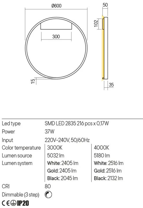 Redo Nástěnné/Stropní svítidlo FEBE - nepřímé, ø60cm Barva: Zlatá, Chromatičnost: 3000K