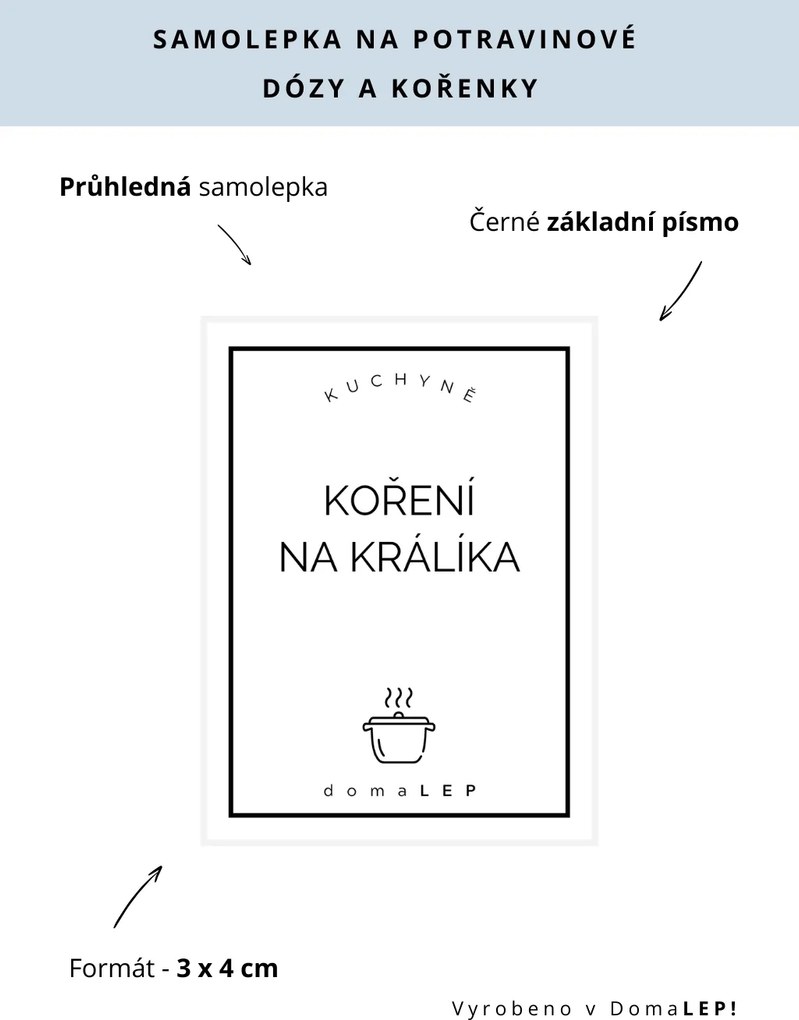 Samolepka na kořenky KOŘENÍ NA KRÁLÍKA průhledná 3 × 4 cm základní písmo