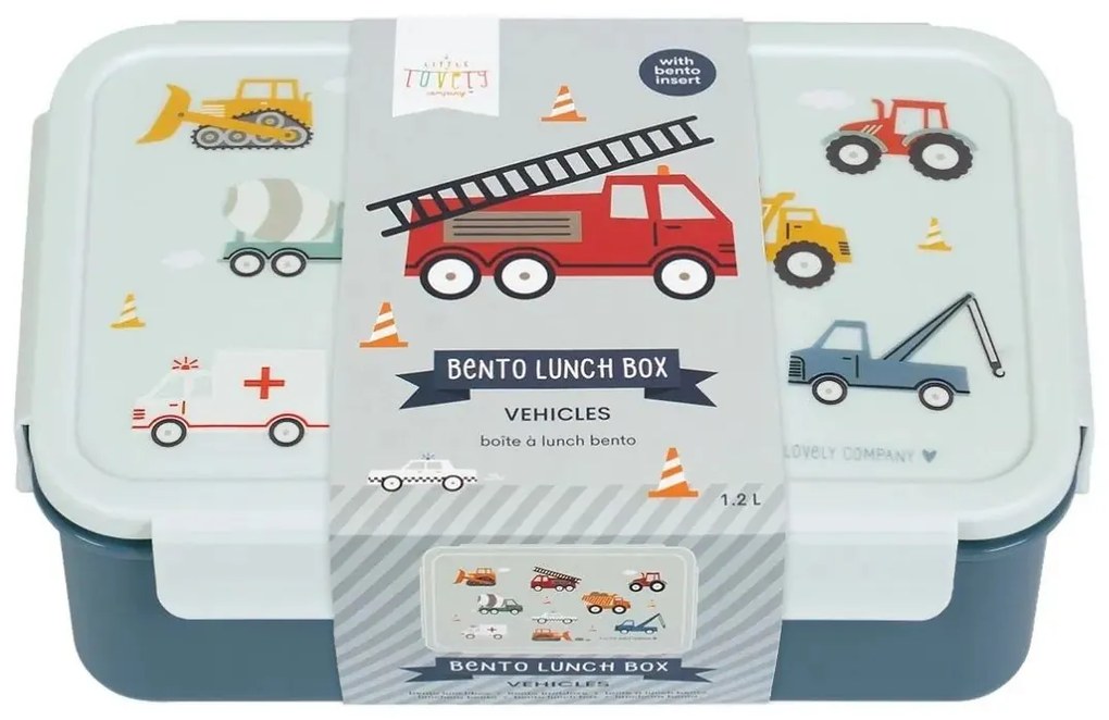 A Little Lovely Company Svačinový box Bento Vehicles 1,2 l, modrá barva, plast