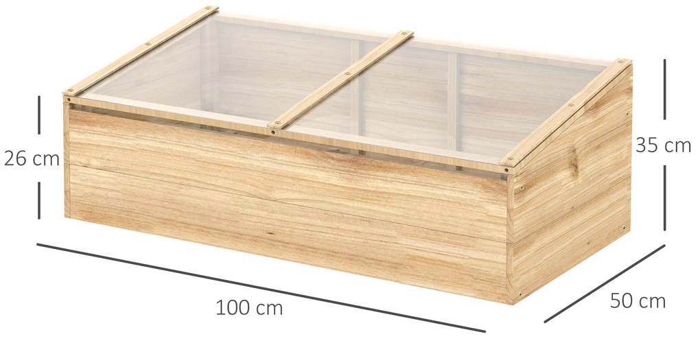 Outsunny skleník dřevěný chladicí rám, skleník a zahradní truhlík, 100x50x35 cm, přírodní, jedle, PC deska