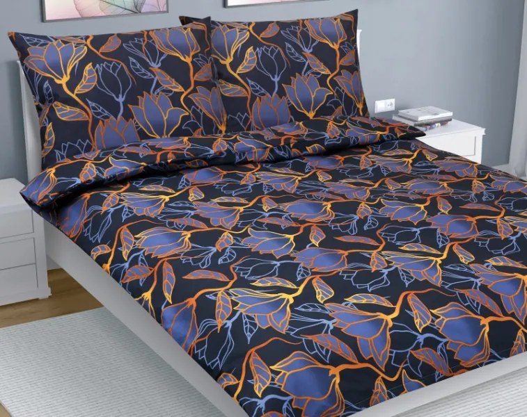 Bellatex Povlečení bavlna na dvoudeku Květ tm.modrá, zlatá rozměr 1ks 240x200, 2ks 70x90 cm