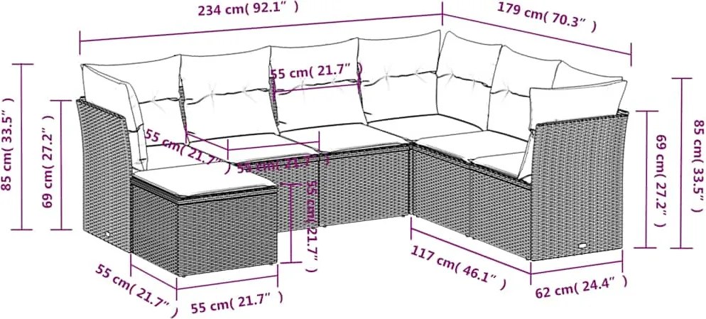 7dílná zahradní sedací souprava s poduškami černá polyratan 3217985